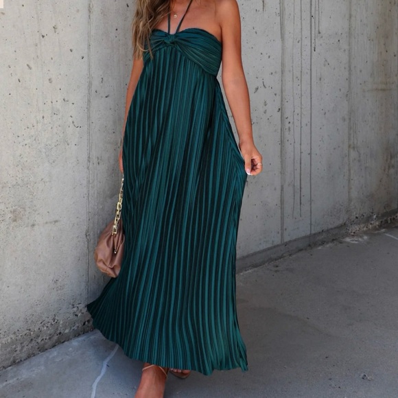 Vici | Dresses | Raise A Toast Satin Pliss Halter Maxi Dress Emerald ...